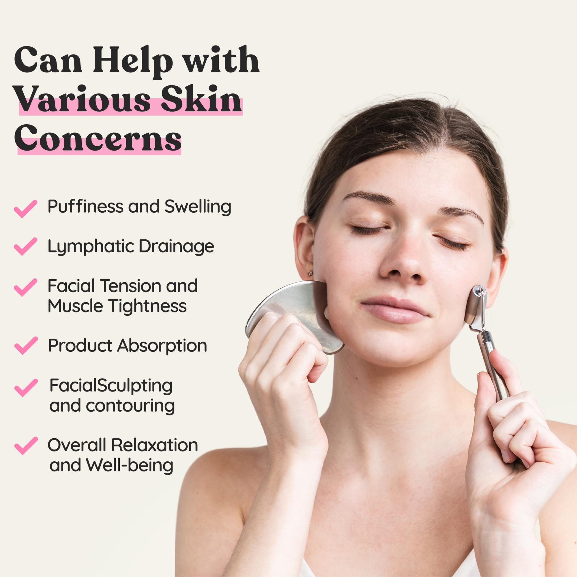 Stainless Steel Face Roller - Premium Gua Sha Facial Tools Stainless Steel GuaSha Tool and Face Roller Set - Gua Sha Stainless Steel Gua Sha Tool - Metal Face Roller and Gua Shua Set - Spa Gifts
