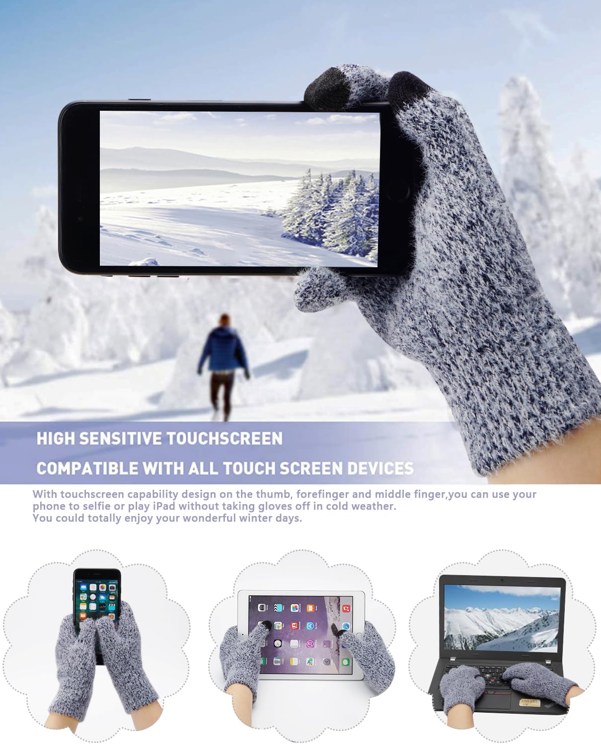 Womens Winter Warm Knit Beanie Hat Touchscreen Gloves Long Neck Scarf Set with Fleece Lined Skull Caps Gifts for Women Men