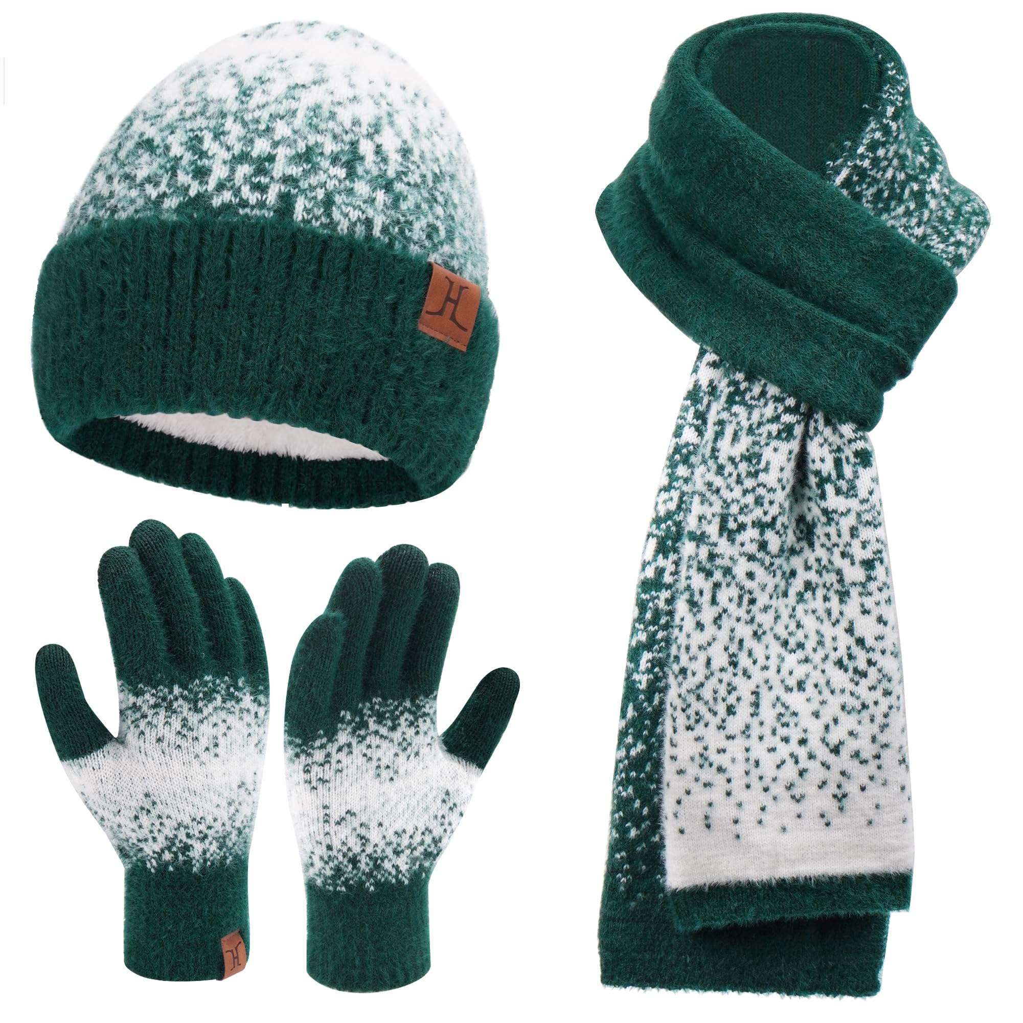 Womens Winter Knit Beanie Hats and Touchscreen Gloves Long Scarf Set with Warm Fleece Lined Skull Caps Gloves Scarves for Women