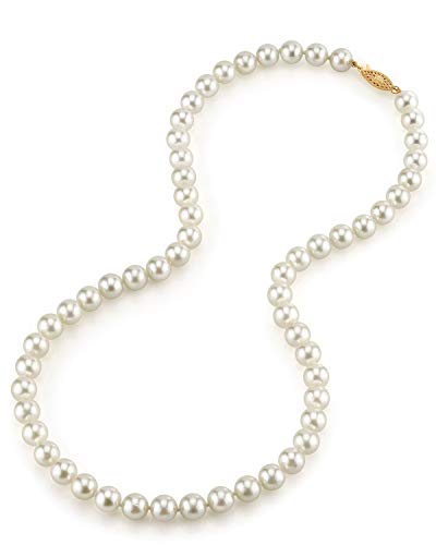 The Pearl Source White Akoya Japanese Pearl Necklace for Women - 14k Gold Pearl Strand Necklace | 18in Long Pearl Necklace with Genuine Cultured Pearls, 7.5-8.0mm