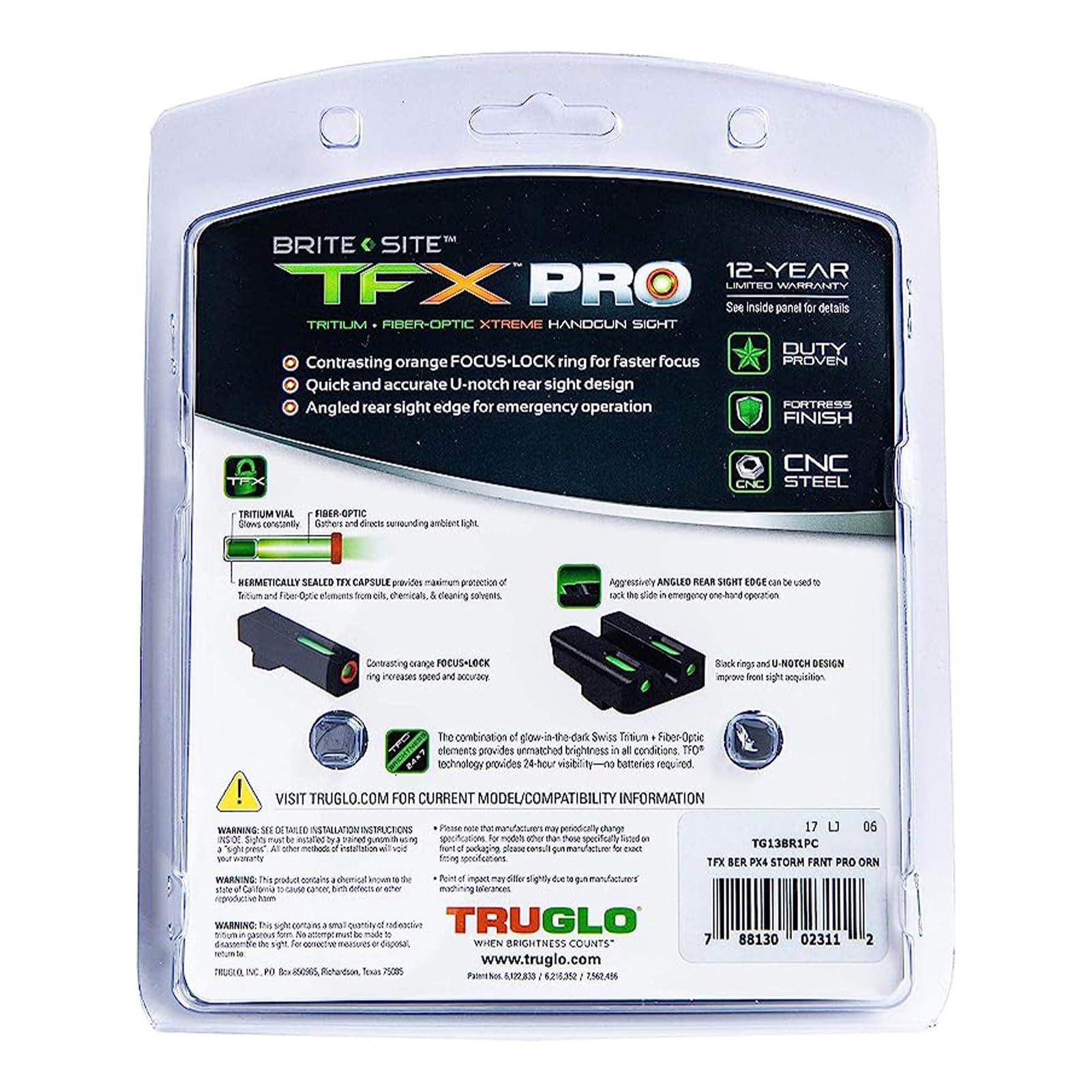 TRUGLO TFX Pro Tritium and Fiber Optic Xtreme Handgun Sights for Beretta PX4 Storm (Front Sight Only), Black, One Size