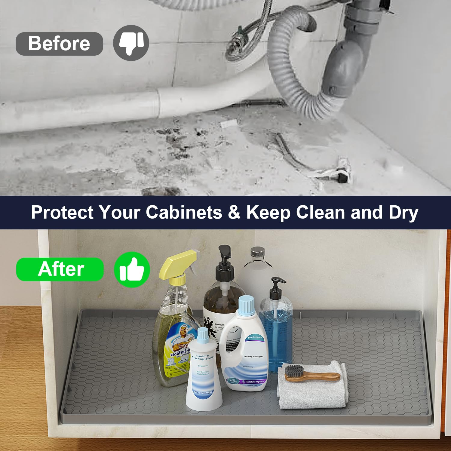 Under Sink Mat - 31" x 22" Waterproof Kitchen Cabinet Mat - Flexible Silicone Under Sink Liner - Kitchen Bathroom Cabinet Mat and Protector for Drips Leaks Spills (Gray)