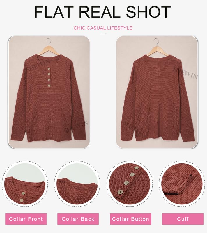 SHEWIN Womens Waffle Knit V Neck Long Sleeve Oversized Sweaters for Women Trendy 2023,(US 16-18) XL,Red