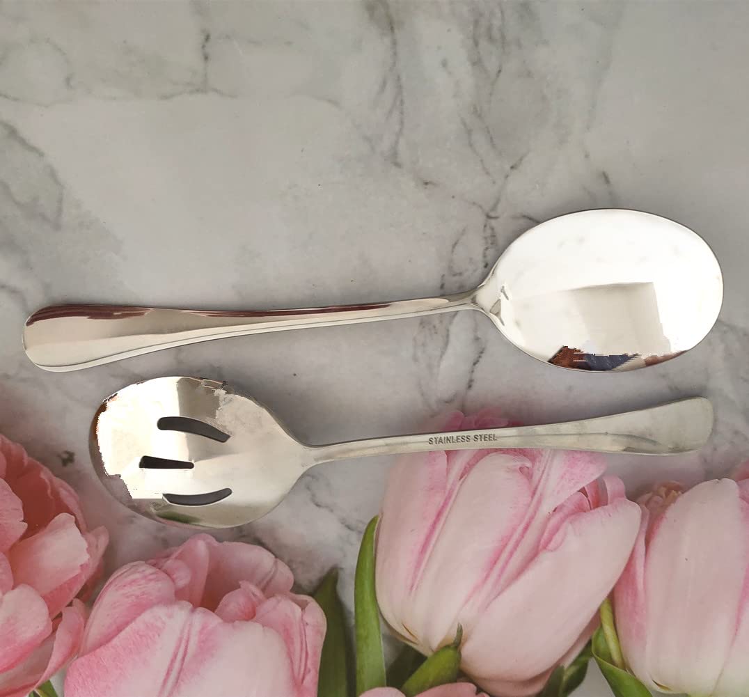 Stainless Steel Serving Spoons, Silver Large Slotted Spoons, 8.6 inch Catering Serving Utensils for Cooking Dinner Restaurant Serving Spoons (2 Pack)