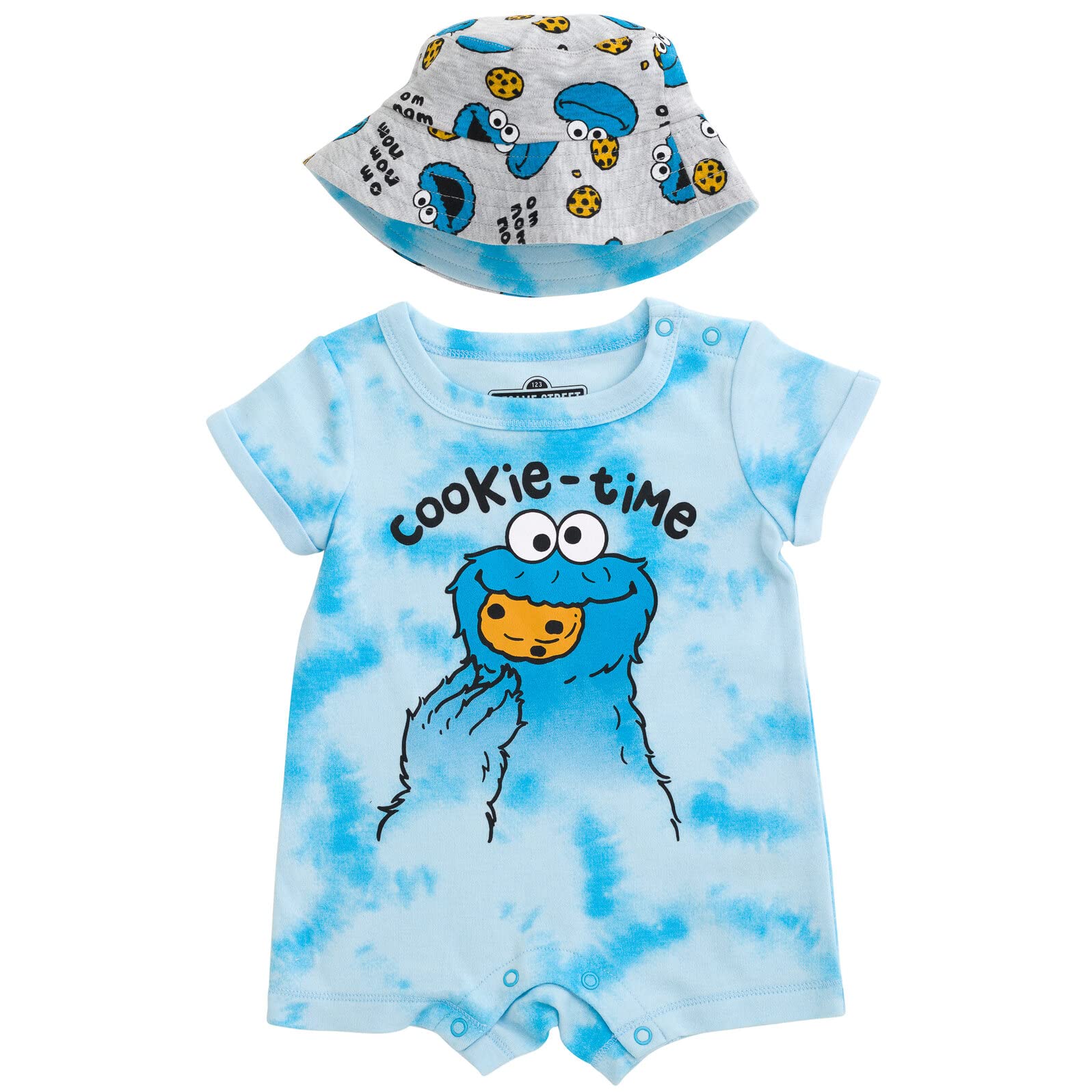 Sesame Street Cookie Monster Infant Baby Boys Romper and Hat Tie Dye Blue/Gray 3-6 Months