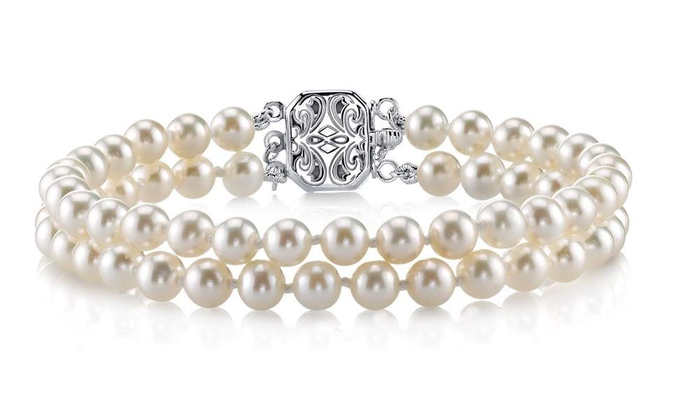 The Pearl Source Sterling Silver 6-7mm AAAA Quality Round White Double Freshwater Cultured Pearl Bracelet for Women