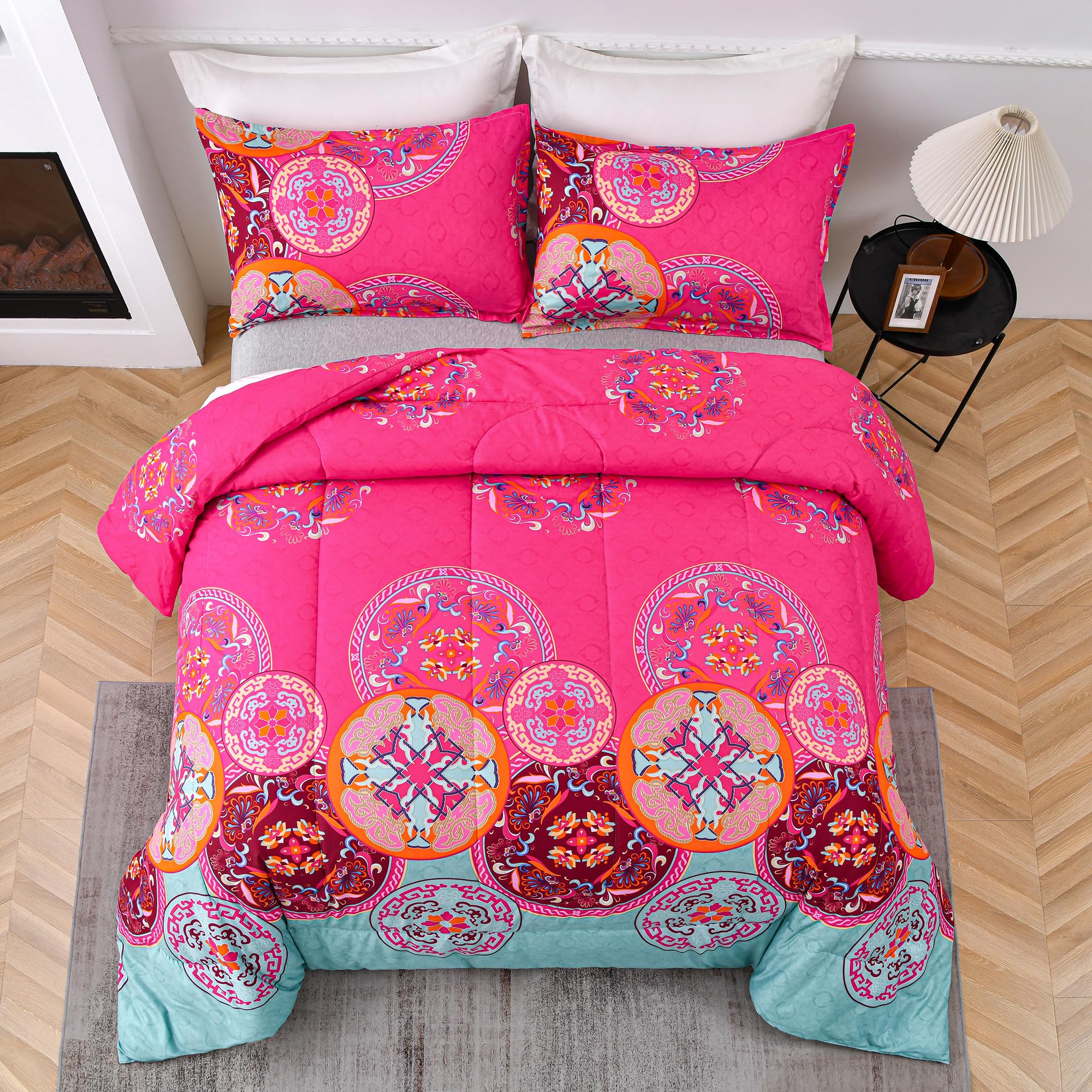 Shatex King Size Comforter (103x90 Inch) 3 Piece All Season Bedding Set Warm - Bohemian Western Pattern - Salmon Pink 1 Boho Comforter King Size with 2 Pillow Shams(20x36 Inch)