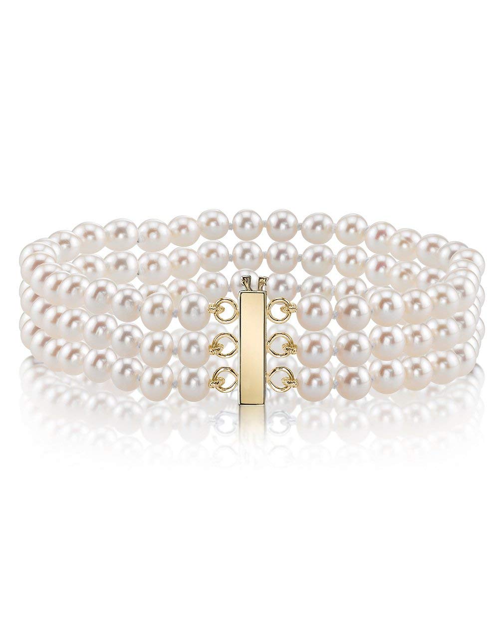 The Pearl Source 14K Gold 6-7mm AAAA Quality Round White Triple Freshwater Cultured Pearl Bracelet for Women
