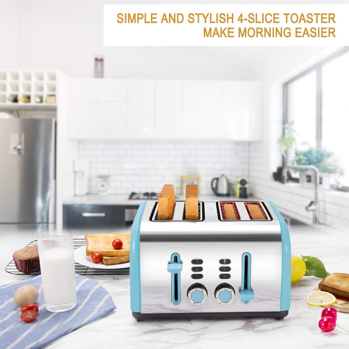 Toaster 4 Slice, CUSINAID 4 Wide Slots Stainless Steel Toasters with Reheat Defrost Cancel Function, 7-Shade Setting, Blue
