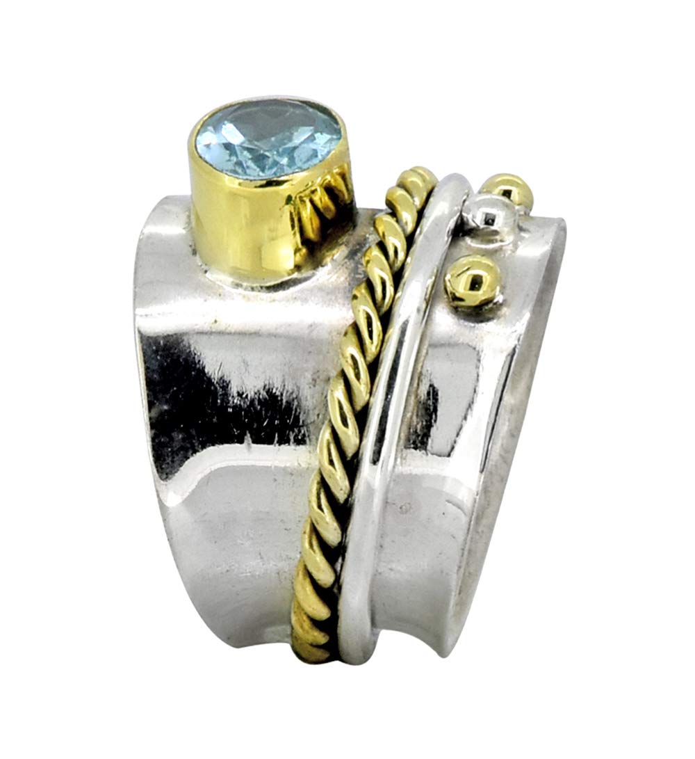 YoTreasure Blue Topaz Solid 925 Sterling Silver Brass Rope Wide Band Boho Ring