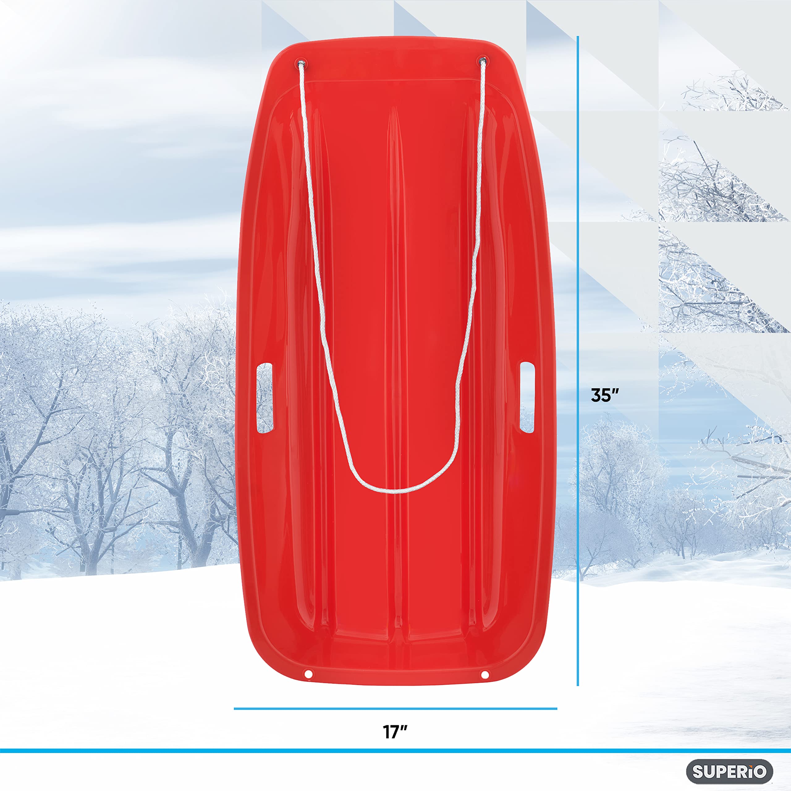 Superio Toboggan Snow Sleds for Kids and Adults, 35" Long (2 Pack) Plastic Sled with 2 Handles and a Pull Rope, Winter Snow Fun(Red and Blue)