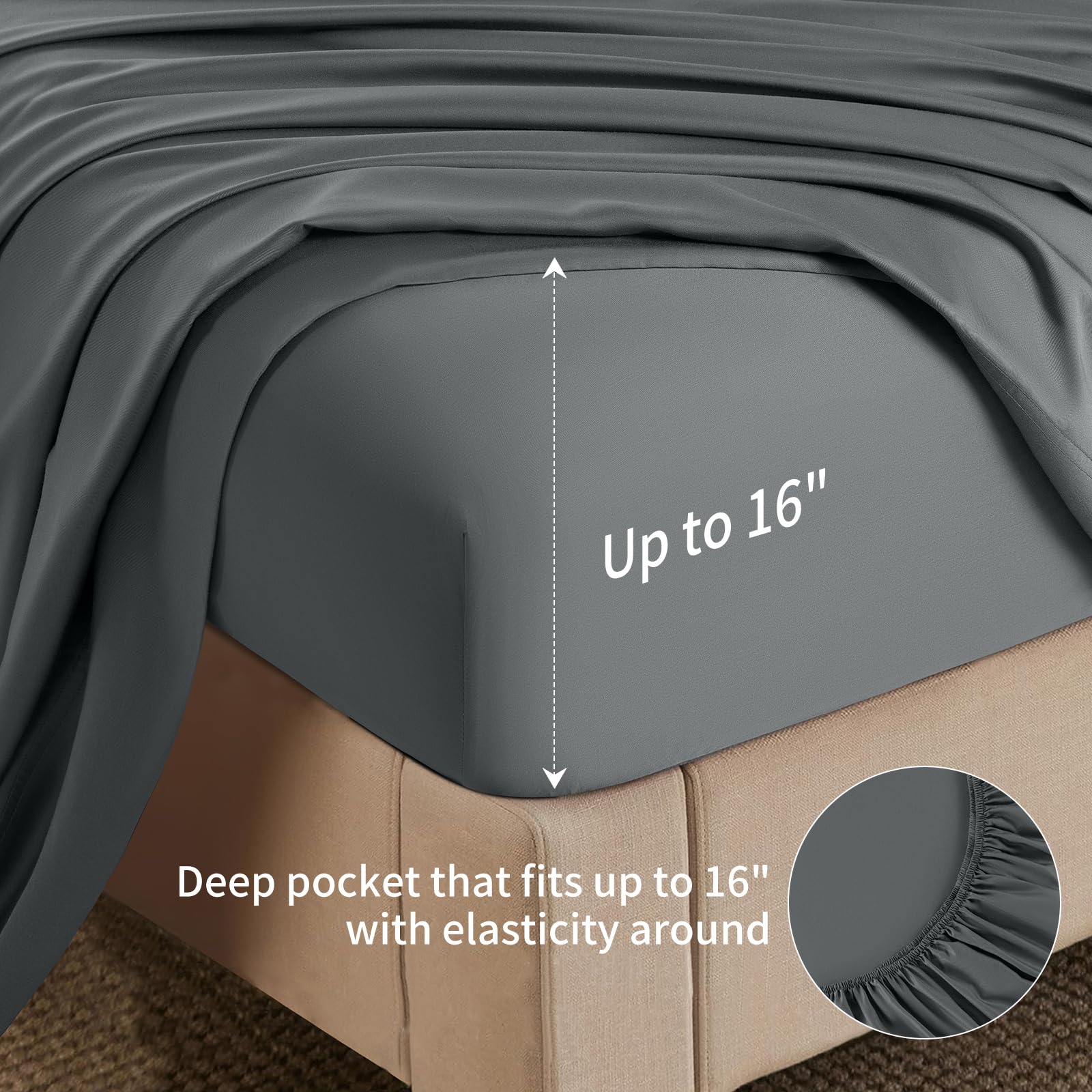 Shilucheng 6-Piece Sheets Set,Rayon Derived from Bamboo_ Sheets, Cooling & Breathable Bed Sheets, Silky Bedding Sheets & Pillowcases, 16 Inch Deep Pockets(Queen,Dark Grey)