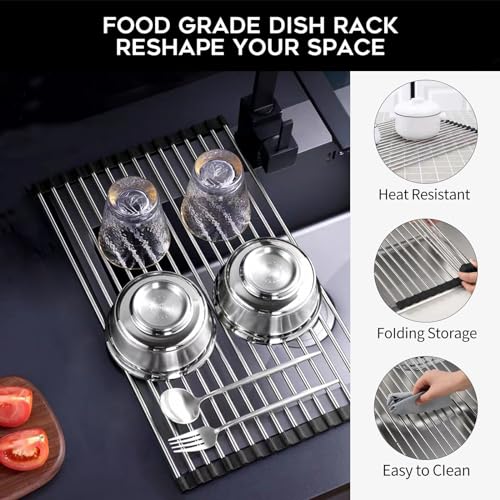 VAWSS Roll up Dish Drying Rack Over The Sink Kitchen Roll up Sink Drying Rack Multipurpose Foldable Sink Drying Mat, Heat-Resistant, Anti-Slip & Anti-Rust Dish Rack for Kitchen, 16.7" x 13.3"