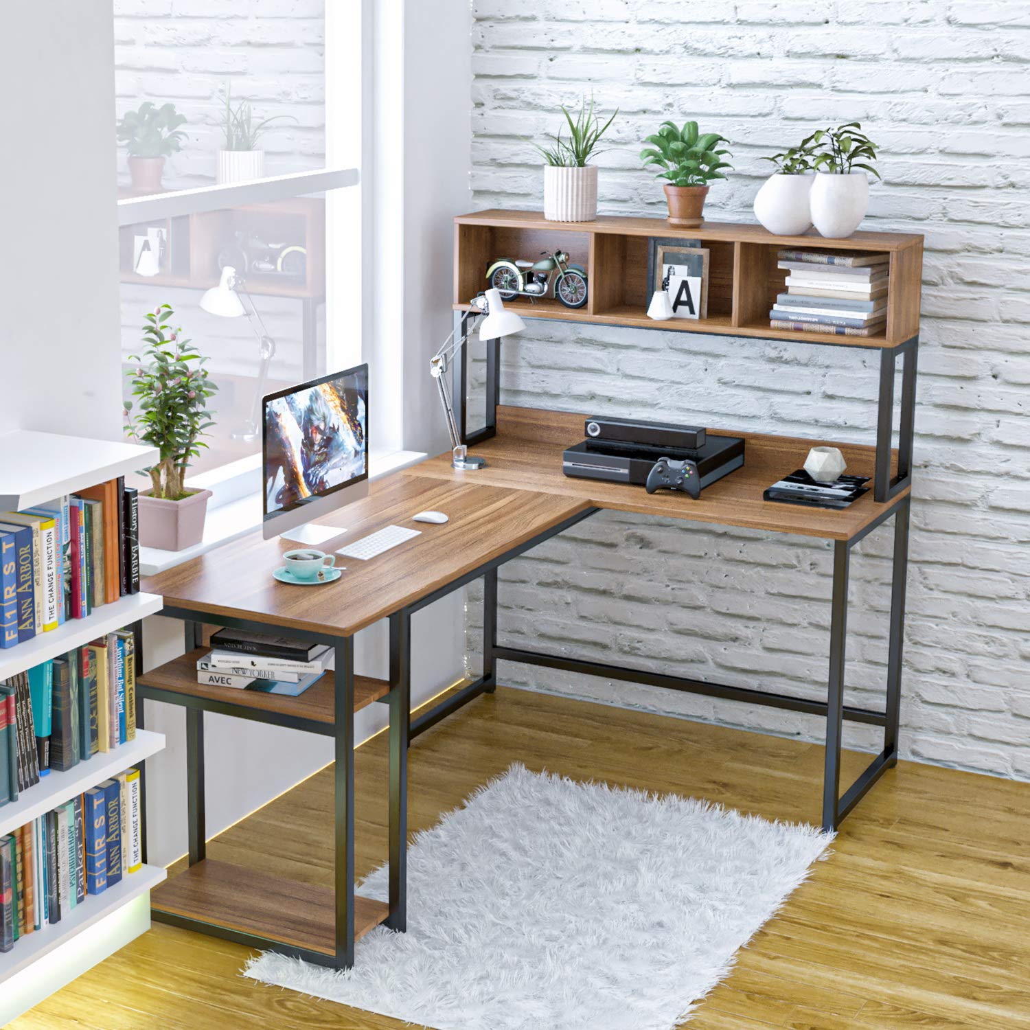 VIPEK L-Shaped Desk with Hutch, 69" Large Computer Desk Gaming Table PC Table Workstation Study Writing Table with Storage Bookshelf, Space Saving Corner Desk for Home Office, Suntalam Walnut
