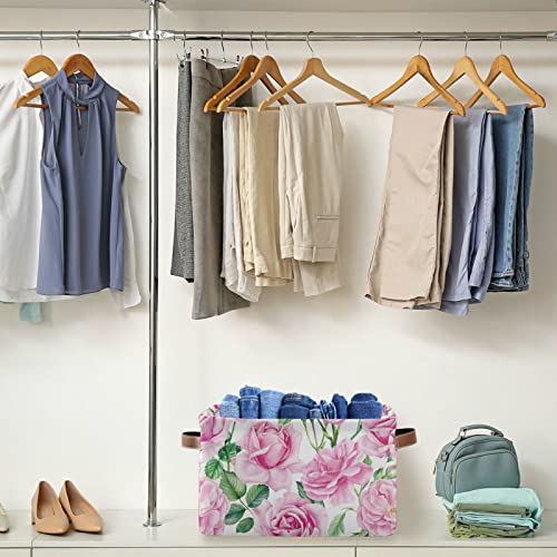 SUABO Floral Pink Roses Buds on White Toy Basket,Collapsible Storage Bin Basket with Handles¡ê?Laundry Baskets,Shelf Basket Nursery Storage for Bedroom Playroom,Set 2