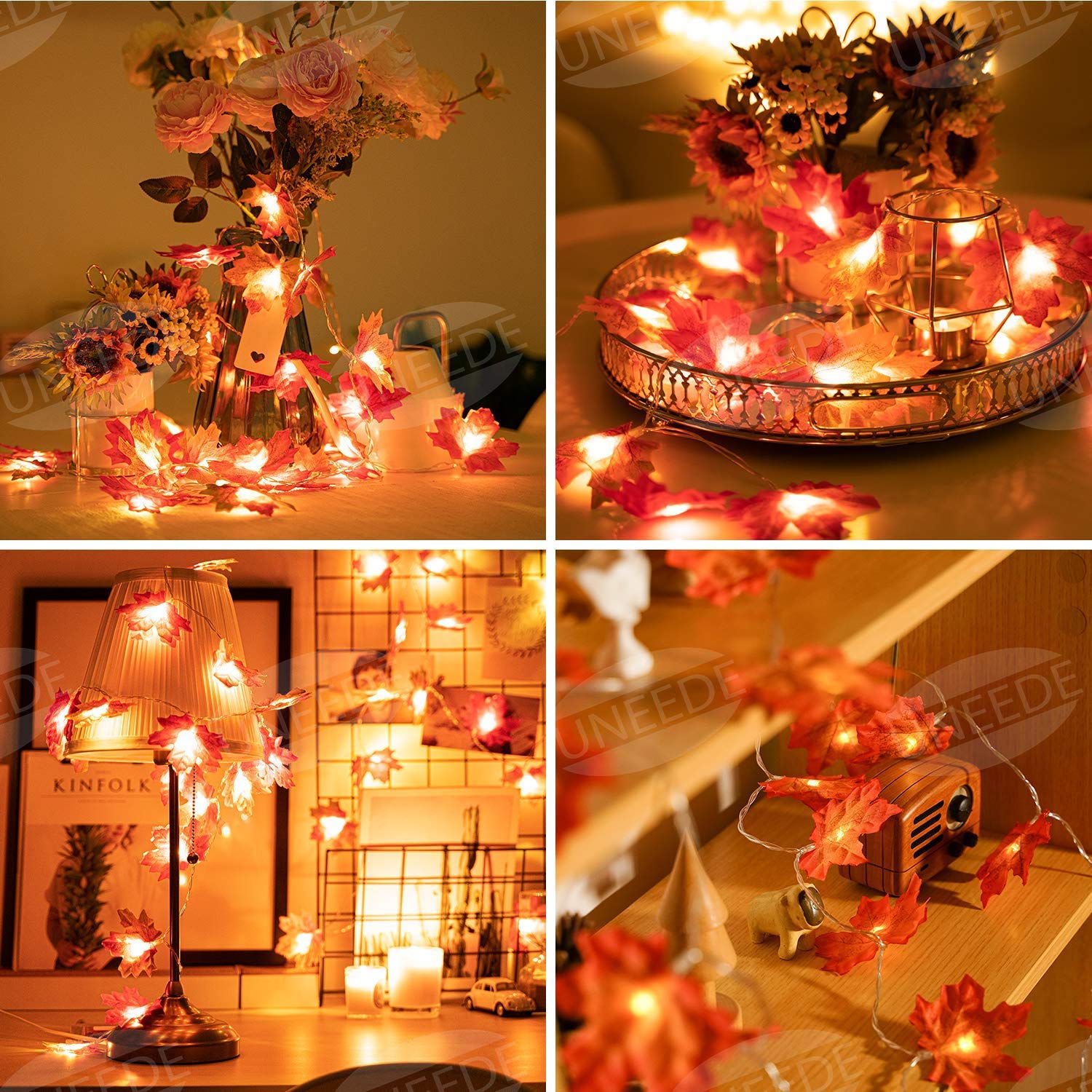 UNEEDE Fall Decor Maple Leaves String Light, Waterproof Thanksgiving Decorations Fall Seasonal Lights 3AA Battery Powered Lighted Garland for Holiday Party Indoor Outdoor Halloween Thanksgiving Decor