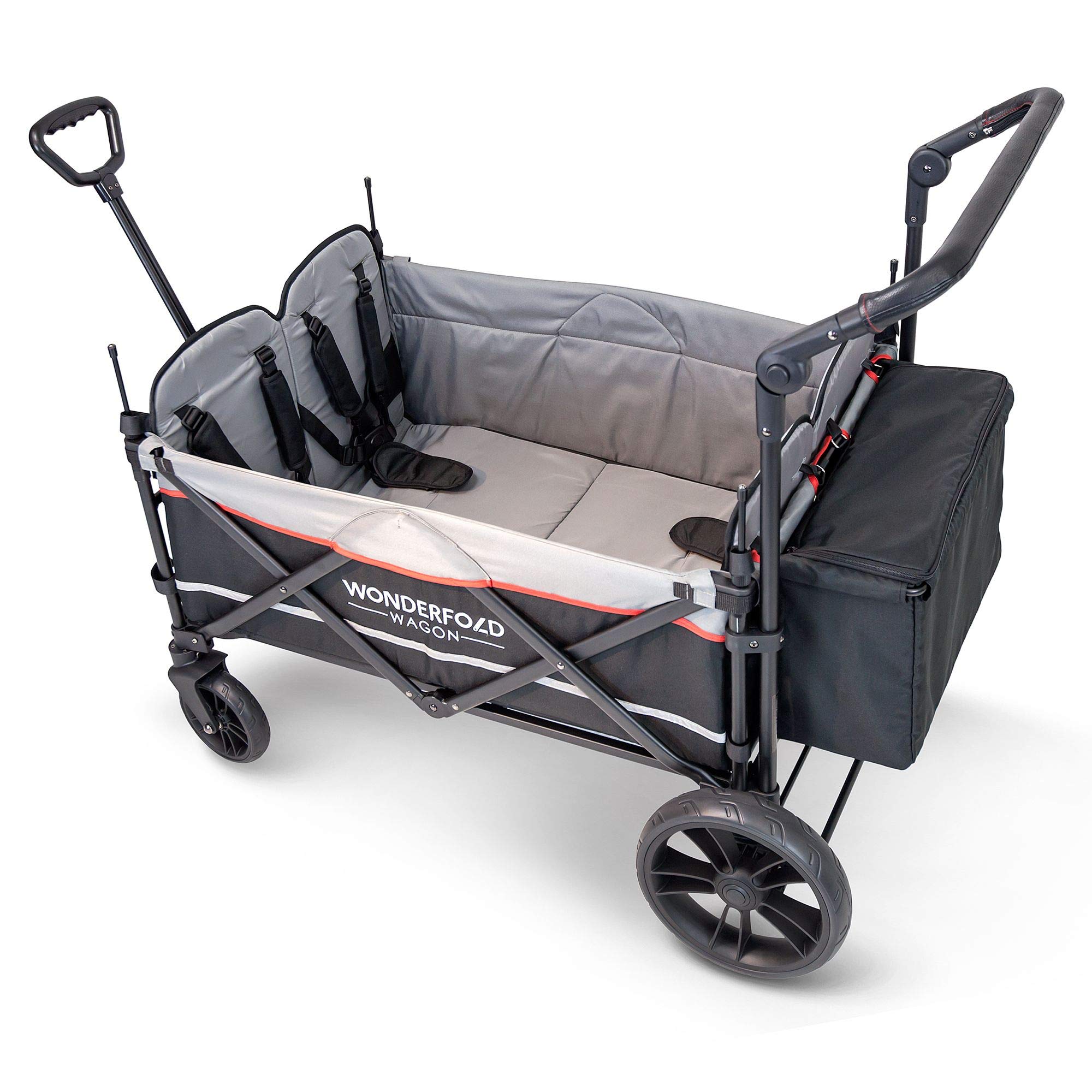 WONDERFOLD X4 Multi-Function Pull & Push 4 Passenger Quad Stroller Wagon with Removable Canopy, 5-Point Harness, and Reflective Safety Strip (Black, 4 Seats)