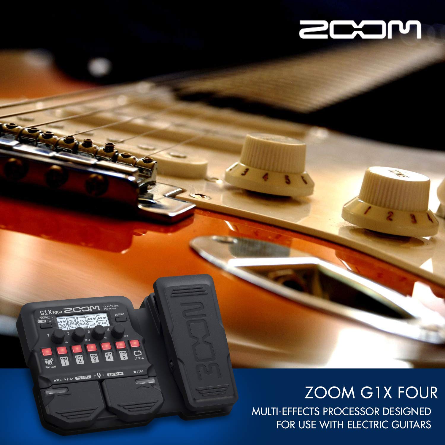 Zoom G1X Four Guitar Effects Processor w/Built-In Expression Pedal + SR360 Over-Ear Dynamic Stereo Headphones, Xpix Rechargeable AA Batteries with Quick Travel Charger and Cable Accessories