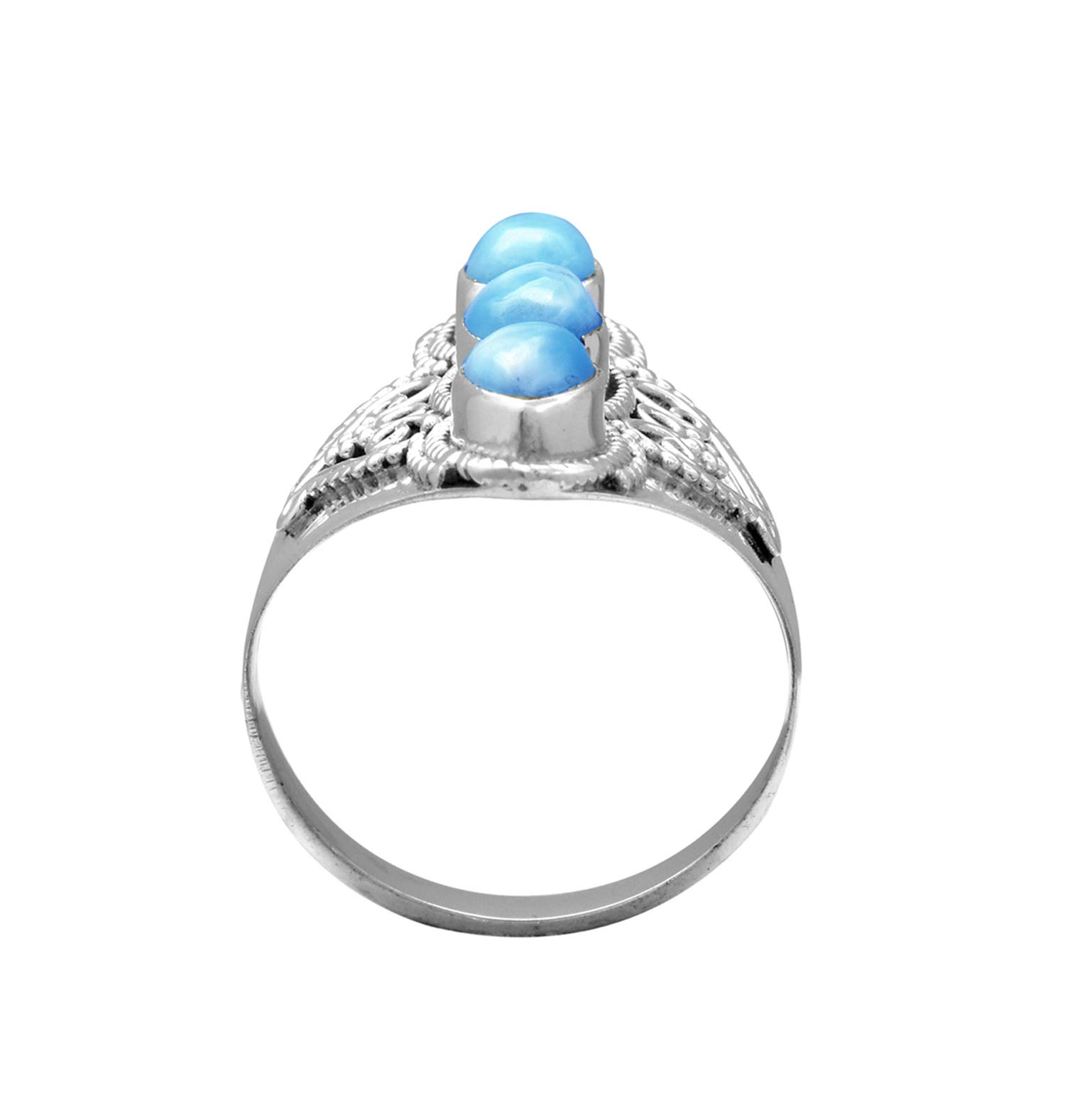 YoTreasure Natural Larimar Ring 925 Sterling Silver Rope Design Boho Three Stone Jewelry