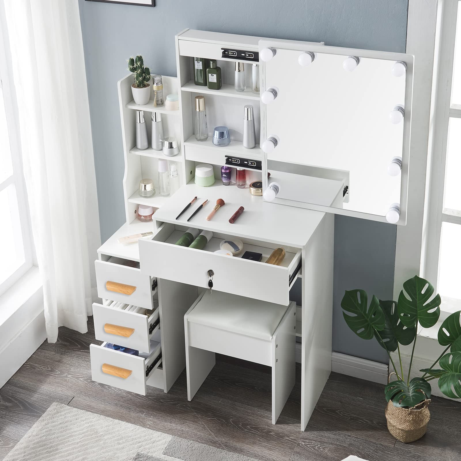 Tojump Makeup Vanity Table Set with DIY Lighted Mirror, Vanity Table with Vanity Cushioned Stool & 5 Drawers for Bedroom, Dressing Room, White (Makeup Vanity Set A)
