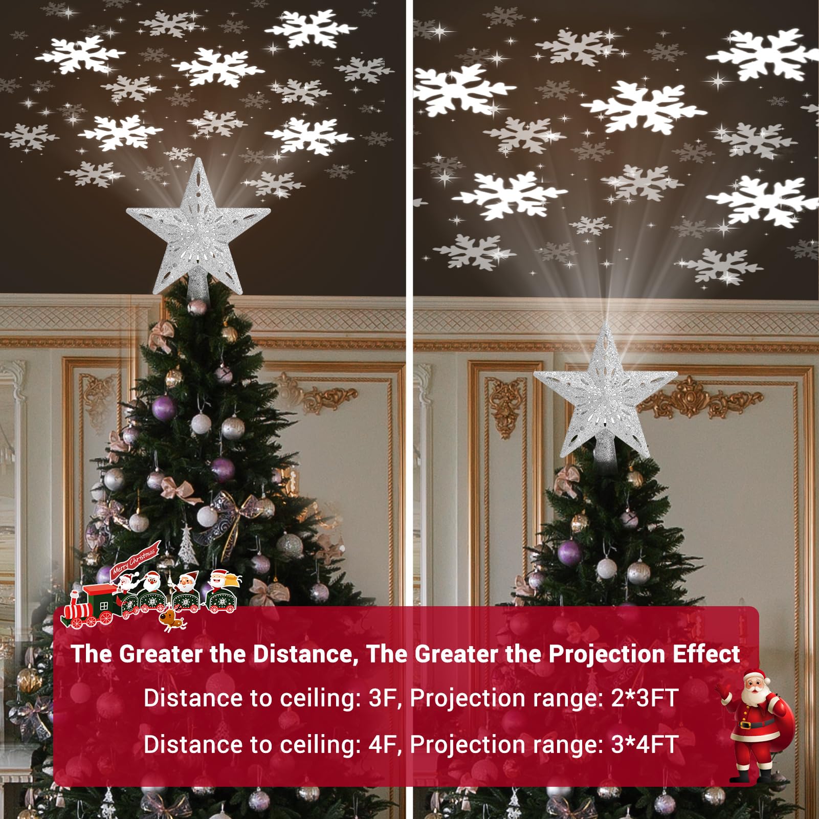 Winpull Christmas Tree Topper Lighted with 6 Pattern Projection Modes, Christmas Star Tree Topper Built-in LED Rotating Lights, 3D Glitter Projector for Christmas Decorations (Silver)