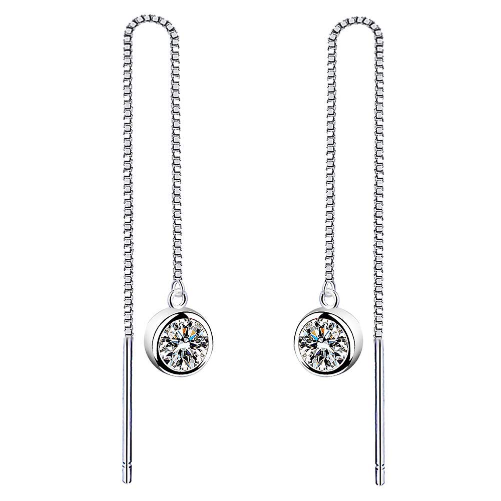 Women 925 Sterling Silver Brilliant Round Cut CZ Needle Threader Pull Through Dangle Earrings