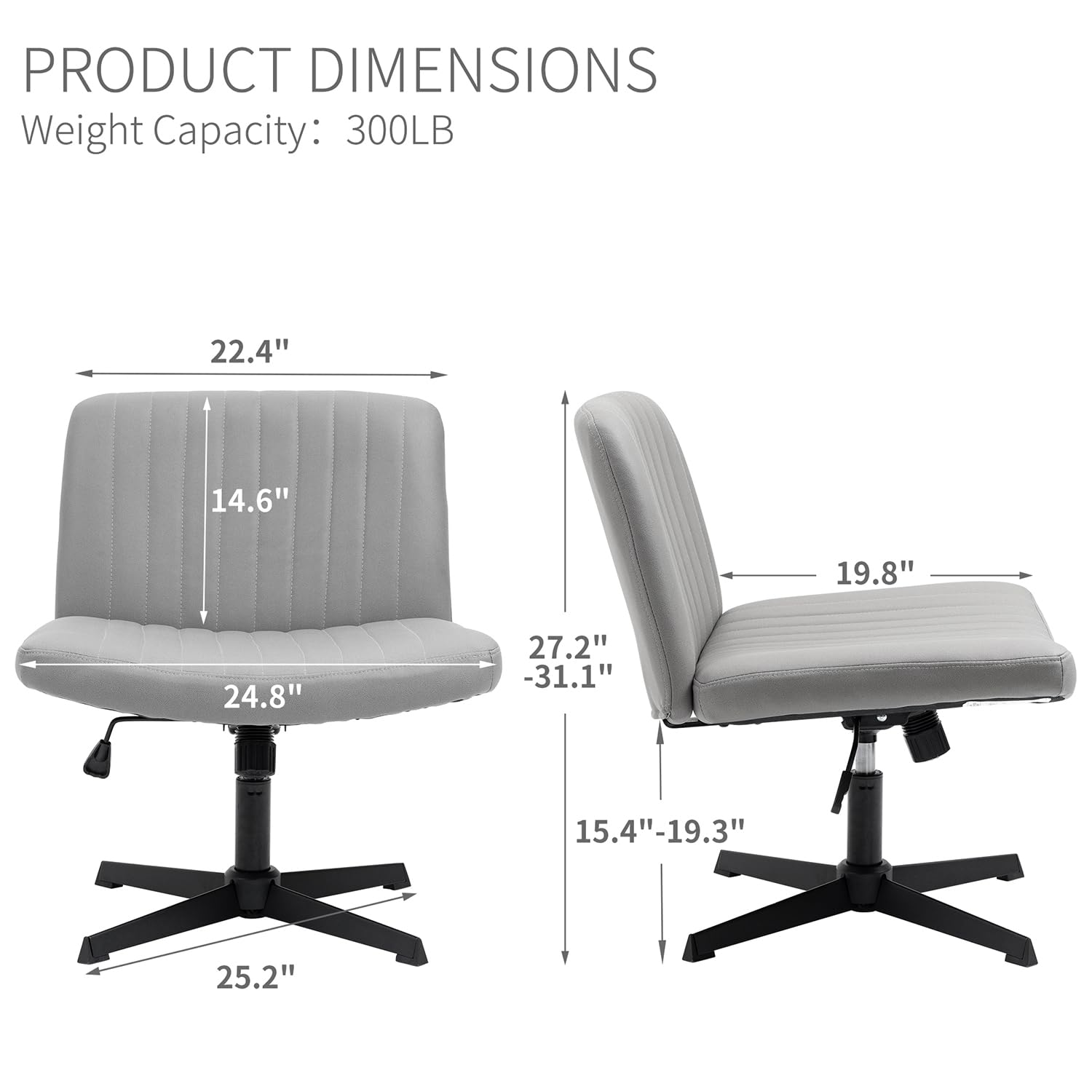 Yeolee Armless Office Desk Chair No Wheels, PU-Padded Vanity Chair with Ergonomic Mid-Back, Comfortable Adjustable Swivel Task Chair with Thickened Cushion for Home, Office (Silver Grey + PU Leather)