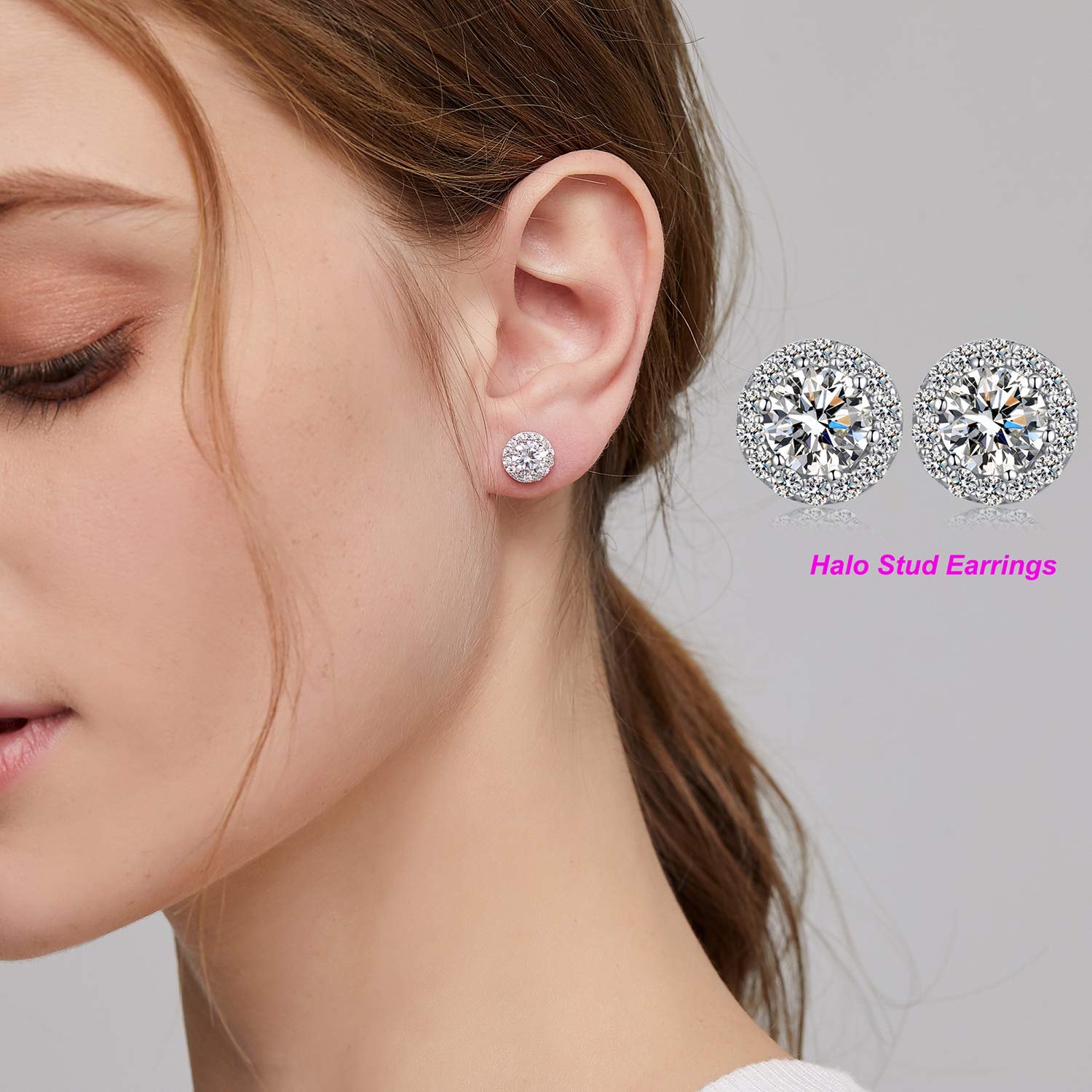 ZowBinBin Sterling Silver Round Cut Cubic Zirconia Stud Earrings, Halo Stud Earrings for Christmas Day, Valentine's Day, Anniversary, Birthday and Wedding/Engagement White