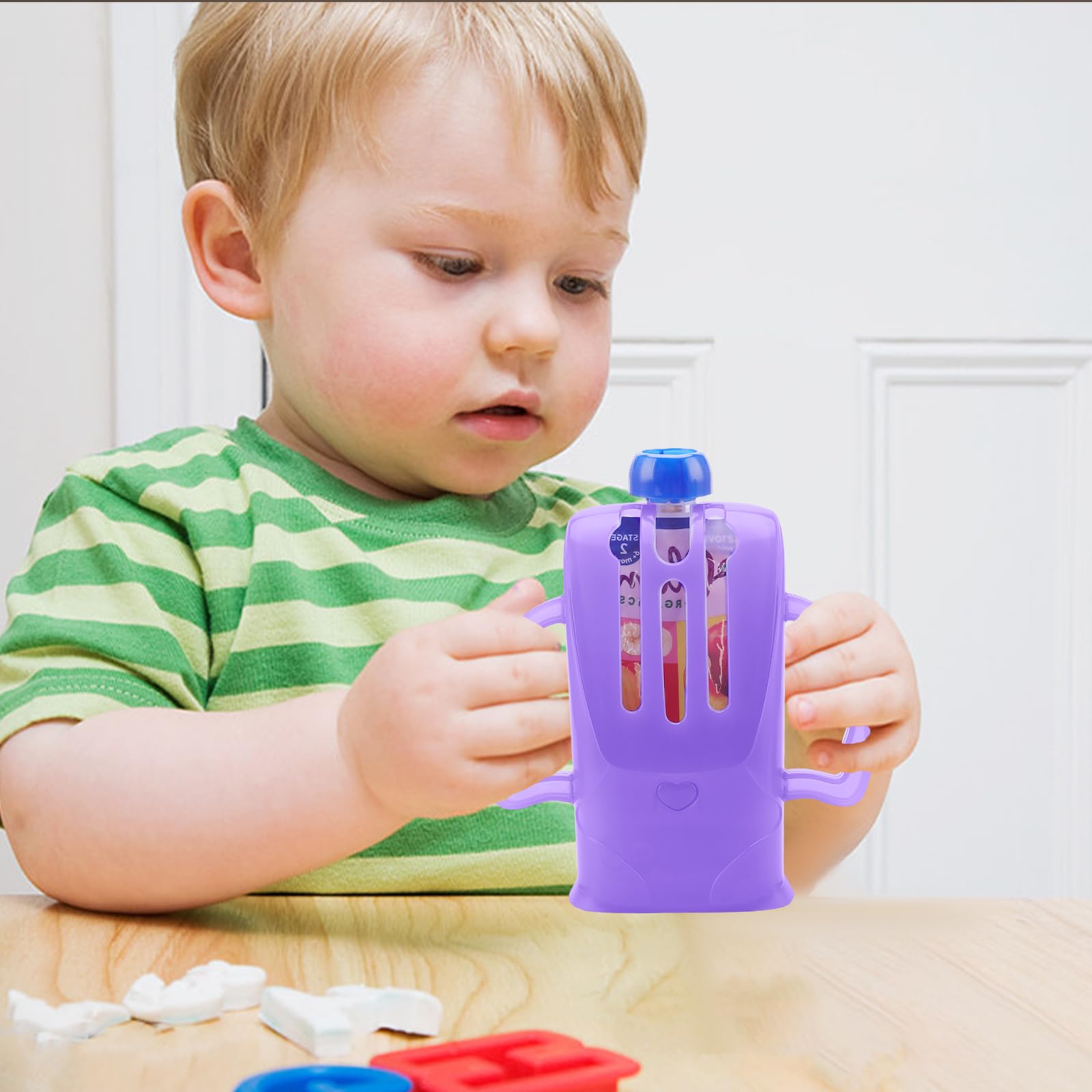 Squeeze Proof Holder for Food Pouches & Juice Boxes, Universal Multipurpose Design, Makes Baby More Fond of Self-Feeding, Prevent Messes, Food Safe (Purple)