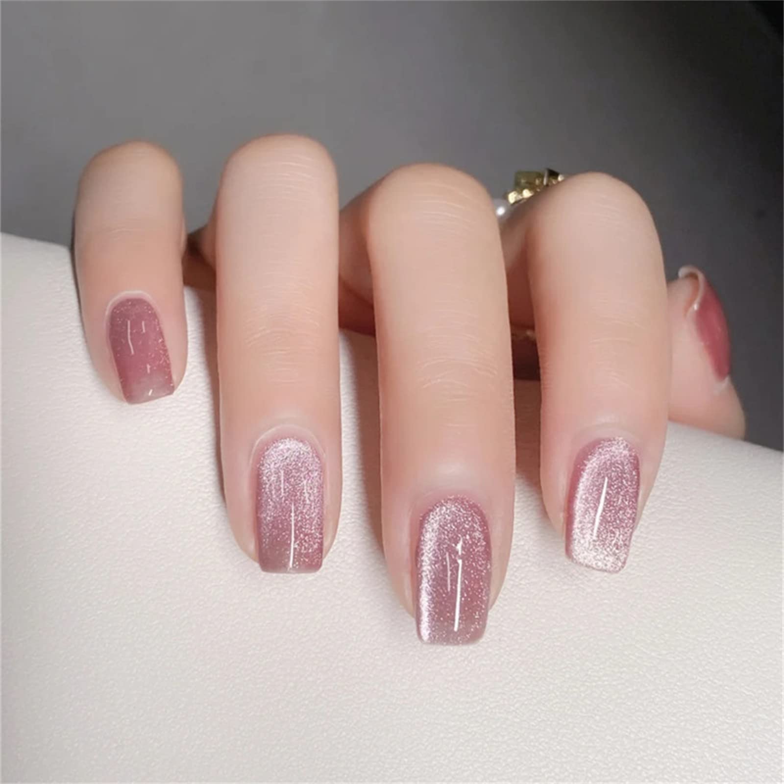 YepDear Fake Nails Medium Square Press On Nails with Glue, Pink Glitter Cat Eye Gel Polished Reusable False Nails