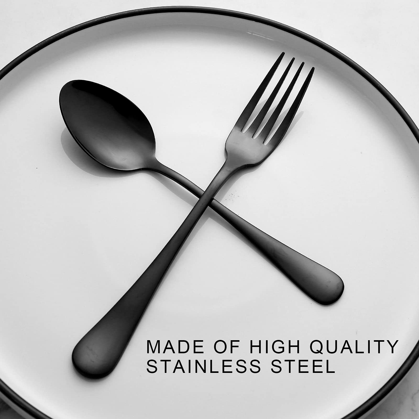 Set of 12, Stainless Steel Dinner Forks and Spoons Silverware Set, Heavy-Duty Forks (8 Inch) and Spoons (6.7 Inch) Cutlery Set, Dishwasher Safe (Black)