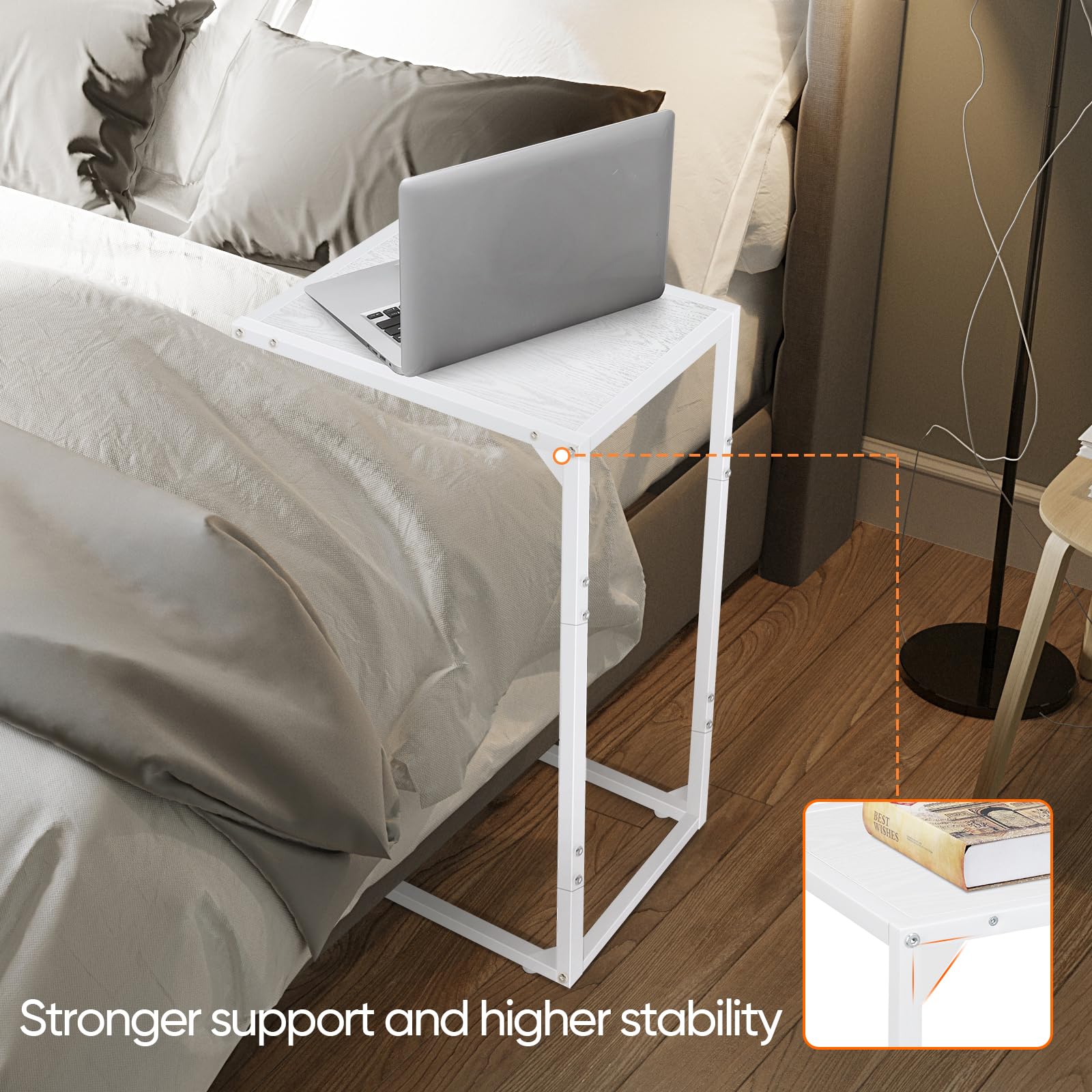 Set of 2 C Shaped End Table, Couch Tables That Slide Under, C Shaped Sofa Table for Couch, C Tray Snack Side Table for Living Room, Bedroom,Sofa, White