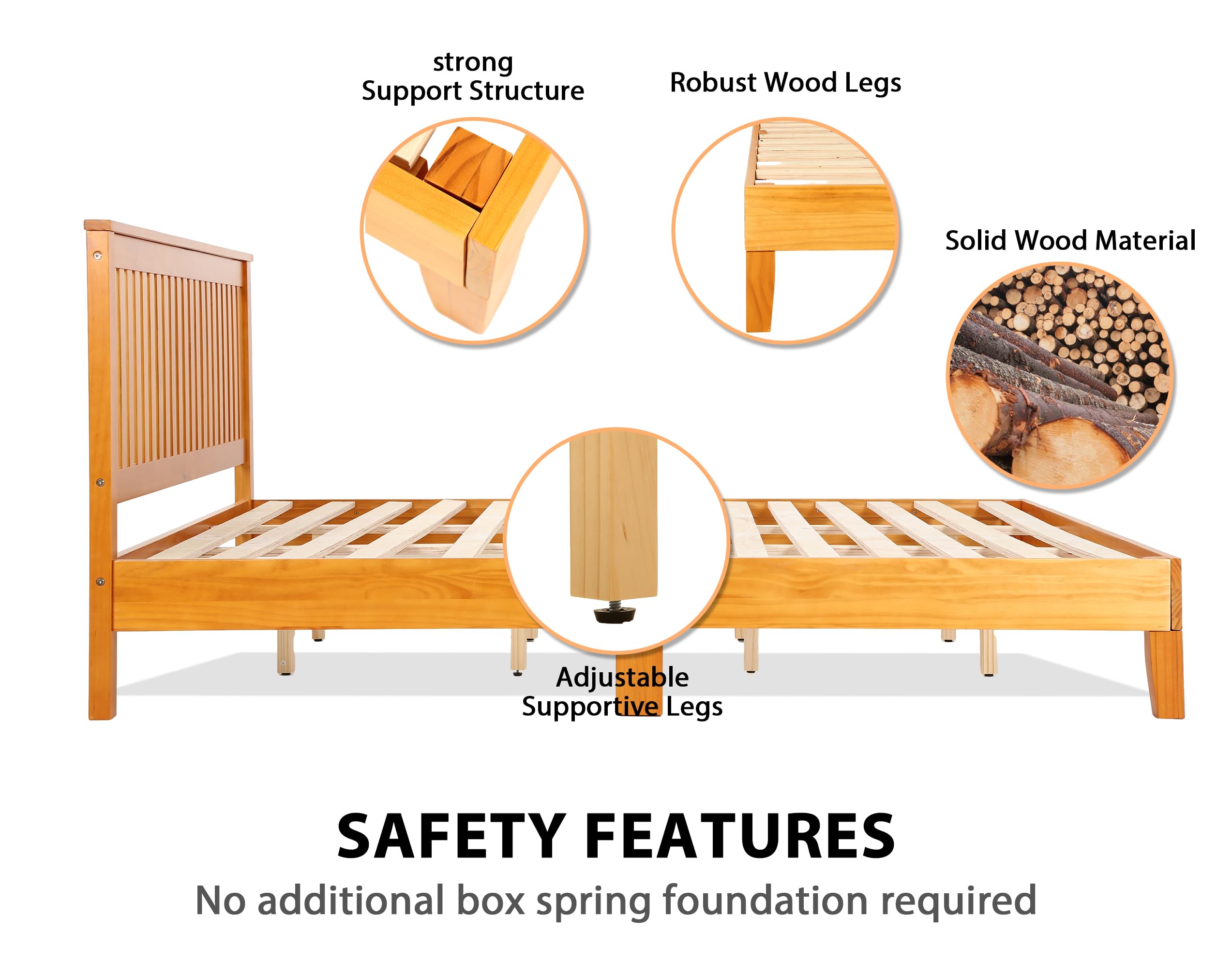 Wood Bed Frame, Wooden Bed Frame with 14 Strong Wooden Slats, King Headboard and Frame with Complete Headboard, Wood Platform Bed, No Box Spring Needed, King Bed Frame Wood with Solid Wood Foundation