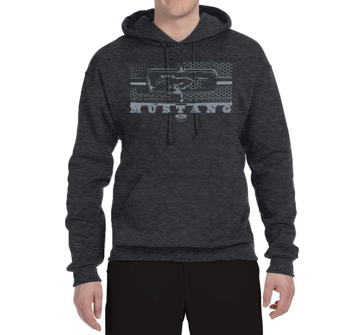 Wild Bobby Vintage Ford Mustang Silver Honeycomb Grill Distressed Cars and Trucks Unisex Graphic Hoodie Sweatshirt, Heather Black, Large