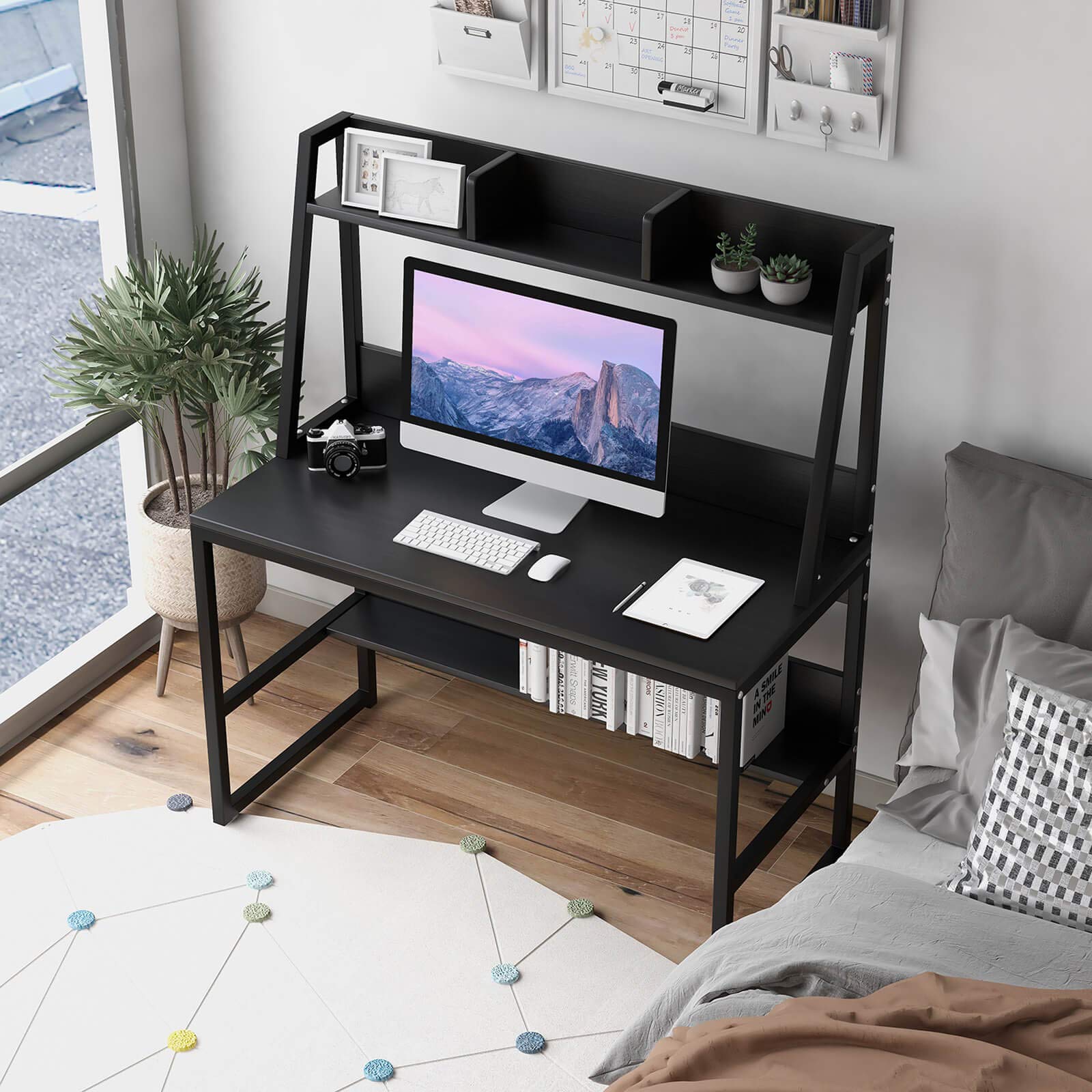 Twomaples Computer Desk with Hutch and Bookshelf - 47.2 inch Writing Study Desk for Home Office Sturdy Study Desk for Small Spaces Modern Wood Desk with Steel Frame Black