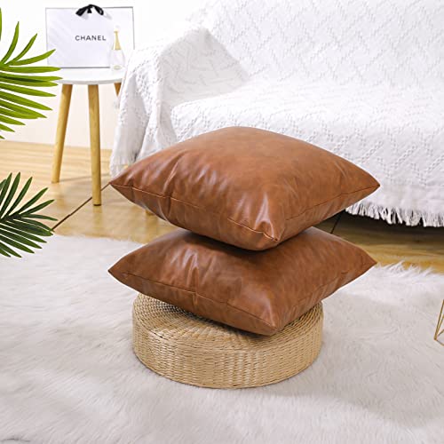 Set of 2 Faux Leather Throw Pillow Covers, Modern Brown Outdoor Cushion Covers Decorative Pillowcases for Couch Bed Sofa (18 x 18 Inches)