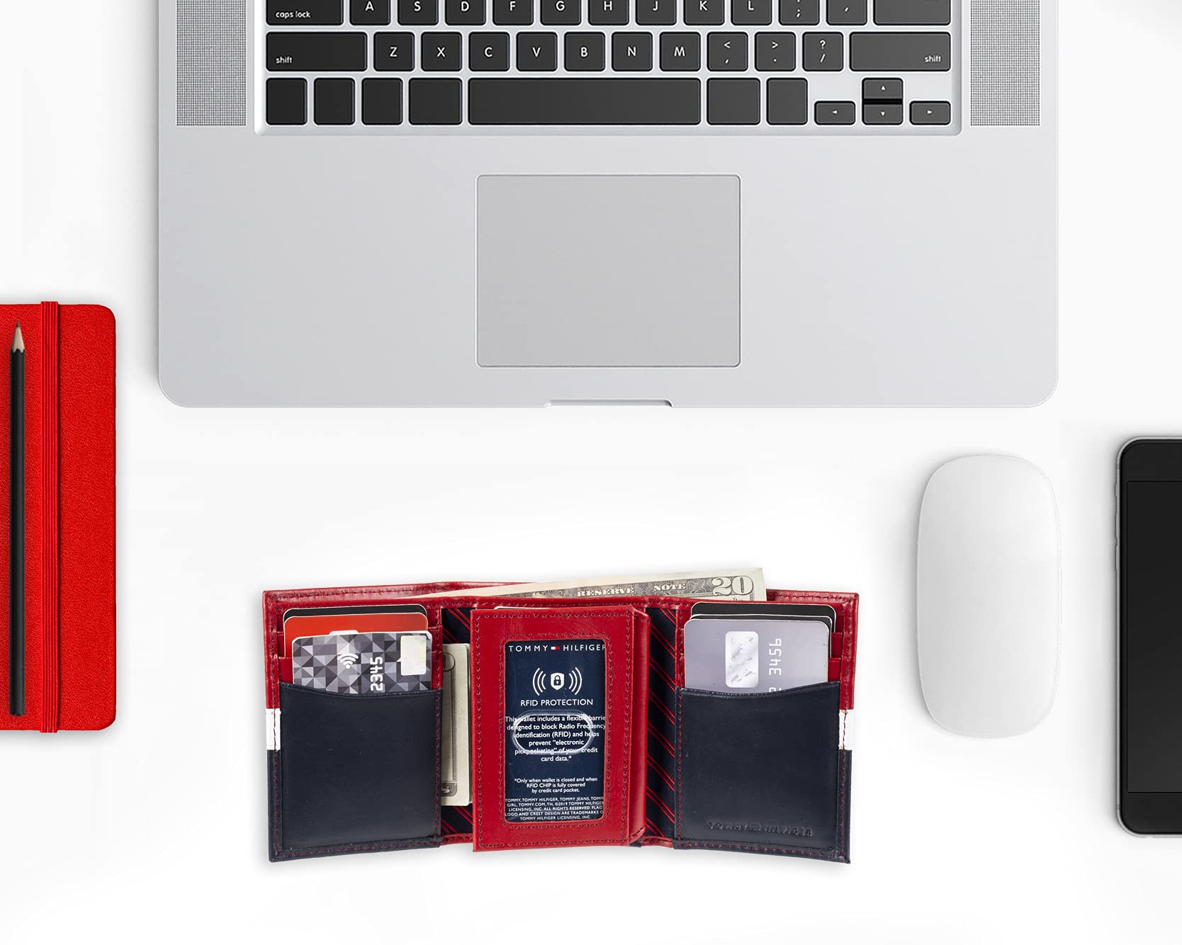 Tommy Hilfiger Big Skinny Wallet - Leather Wallets for Men Slim Thin Trifold with RFID Blocking Security and ID Window, Red/White/Blue, One Size