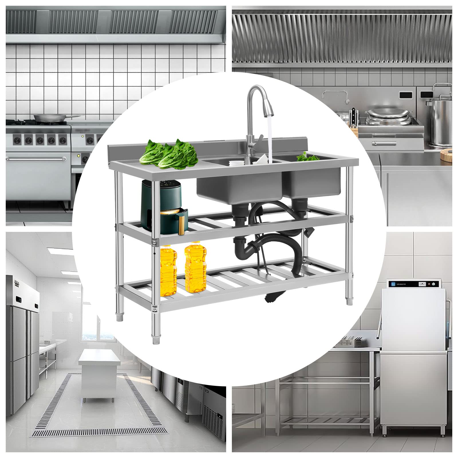 Stainless Steel Utility Sink - Free Standing Double Bowl Kitchen Sink with Workbench & Storage Shelves, Commercial Restaurant Utility Sink for Laundry Room, Backyard, Garages