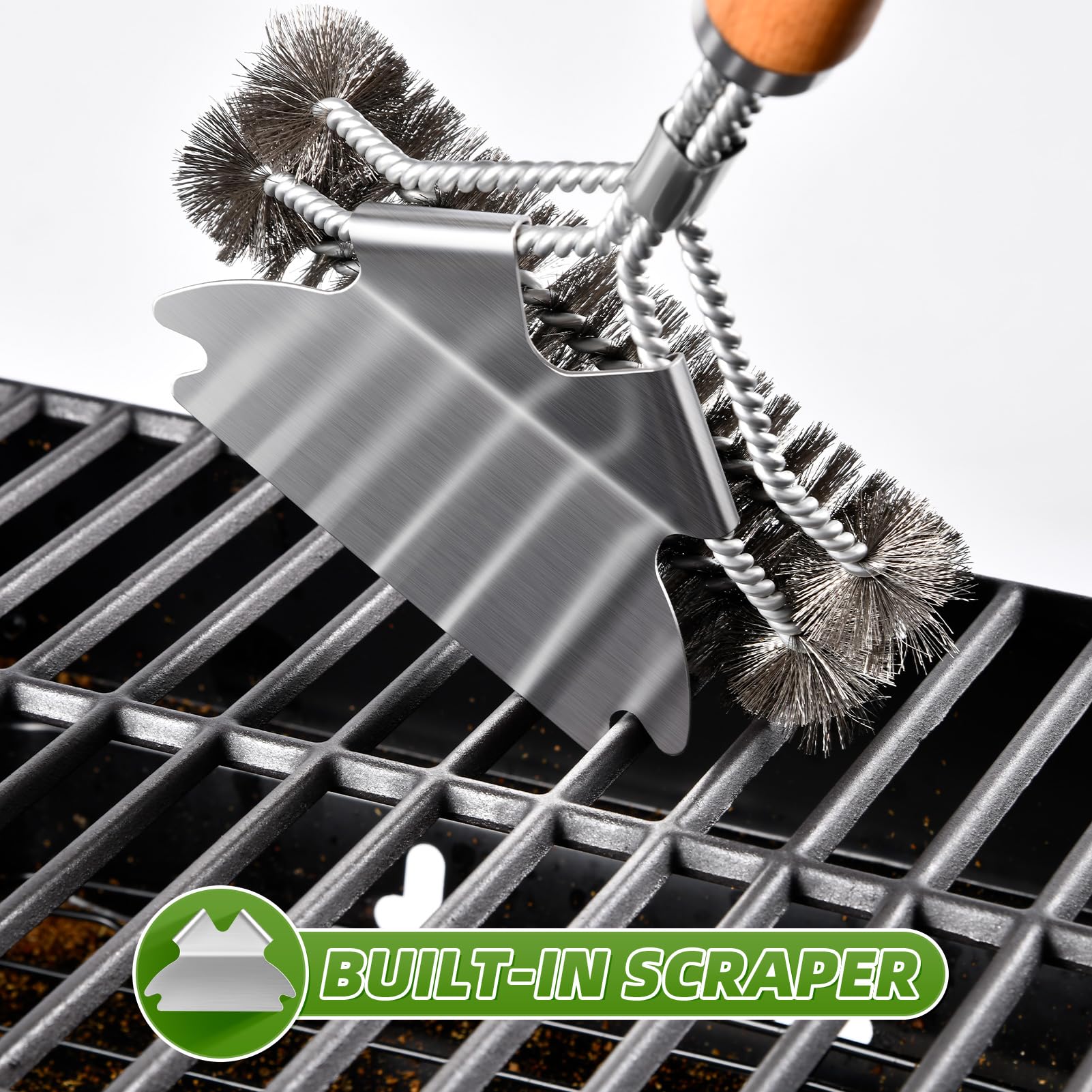SUBEKYU Grill Brush for Outdoor Grill, 15.3'' BBQ Grill Scraper Cleaning Brush for Outdoor Grill, Safe Stainless Steel Grill Cleaner Scrubber with Scraper, Beech Wood Handle, 1Pack