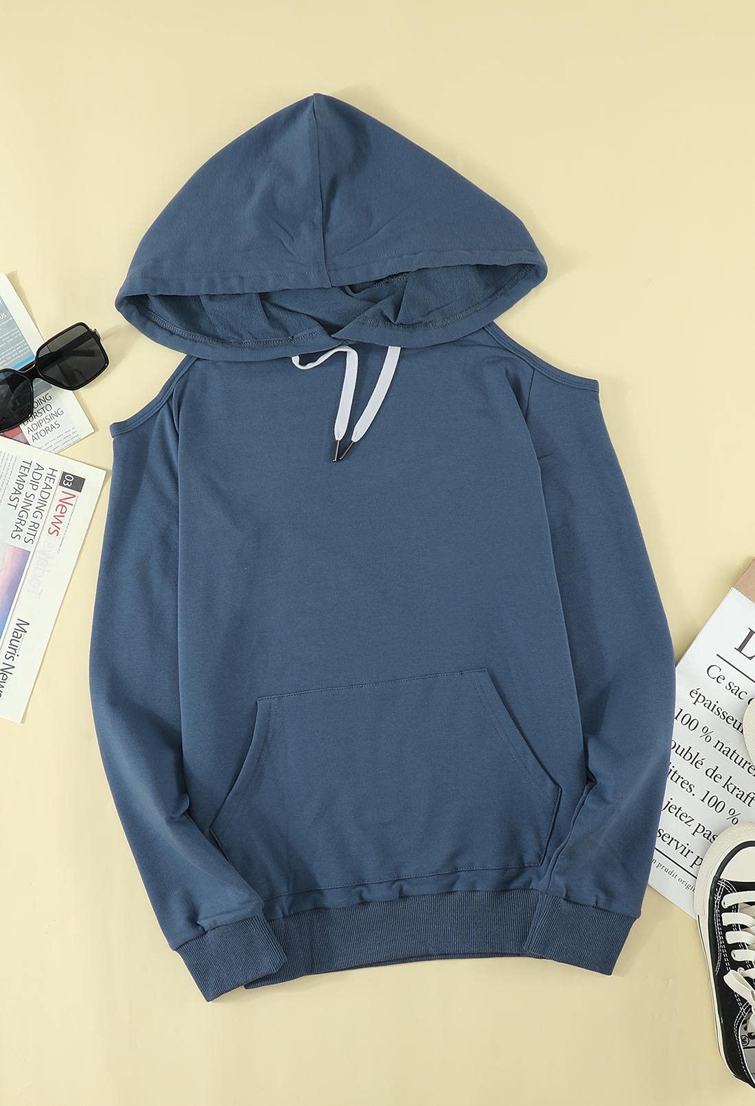 Women Cut Cold Shoulder Hooded Sweatshirt Long Sleeve Pullover Hoodies with Pockets Dark Blue 2XL