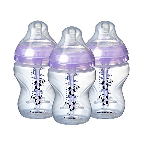 Tommee Tippee Anti-Colic Baby Bottles, Slow Flow Breast-Like Nipple and Unique Anti-Colic Venting System, 9oz, 3 Count, Purple Pandas