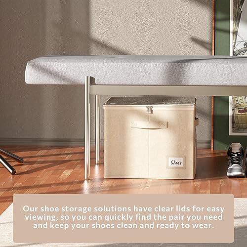 Shoe Organizer for Closet with Fabric Shoe Storage Bins - Clear Cover, Adjustable Dividers, and Foldable Bottom Support for 12 Pairs in Clear Storage Containers (Beige, (15.7 * 15.4 * 12.6) x1)
