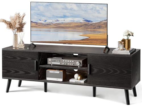 SUPERJARE TV Stand for 55 Inch TV, Entertainment Center with Adjustable Shelf, 2 Cabinets, TV Console Table, Media Console, Solid Wood Feet, Cord Holes, for Living Room, Bedroom, Black