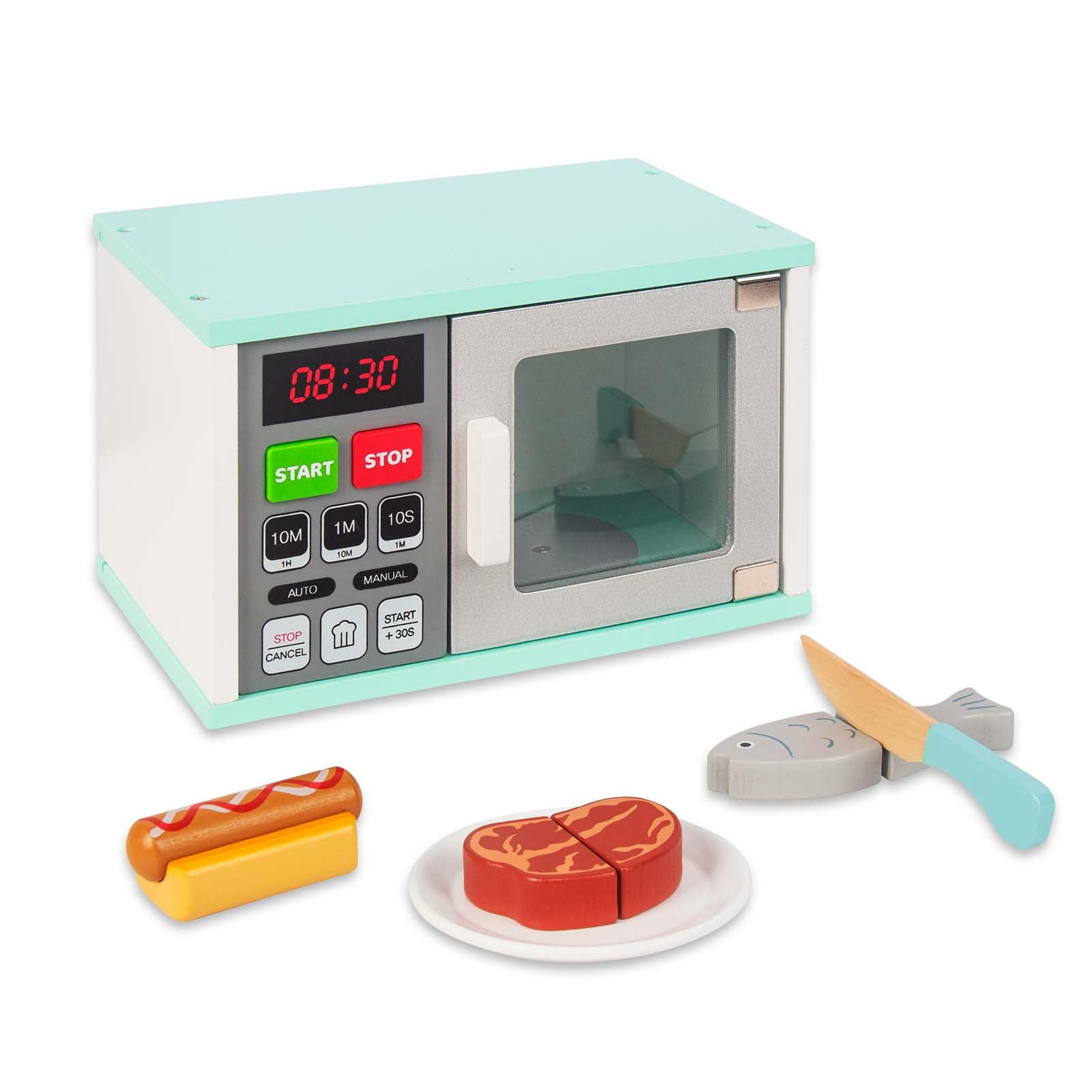 WOODENFUN Toddler Play Kitchen Toys, Wooden Microwave Oven with Light and Realistic Sound, Pretend Play Kitchen Accessories, Learning Toy Birthday Gifts for Boys Girls 3-8 Year Old