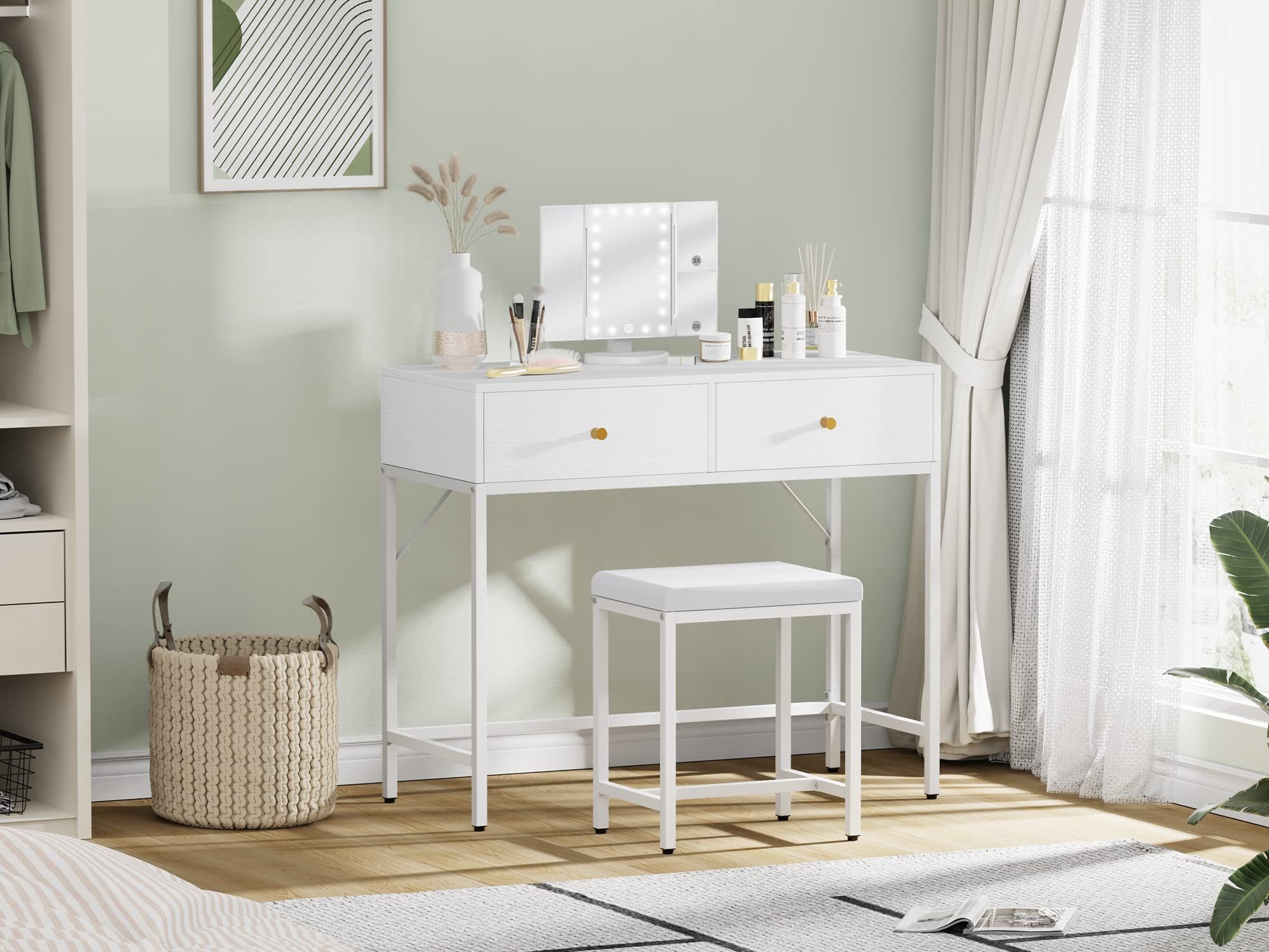 SUPERJARE Vanity Desk, Makeup Vanity with Lighted Mirror, White Desk with Drawers, 35.4 Inches Makeup Vanity Desk with Lights, for Bedroom, White