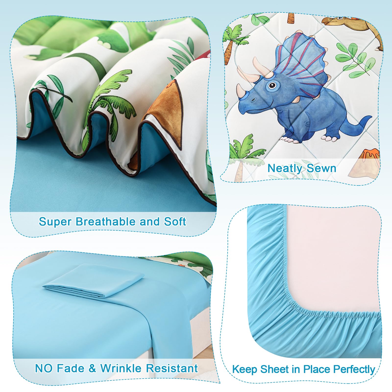 Wowelife 4 Piece Dinosaur Toddler Bedding Set Toddler Bed Sheets Sets for Boys Green Kids Toddler Comforter Set Breathable and Soft with Comforter, Flat Sheet, Fitted Sheet and Pillowcase