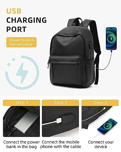VECAVE Lightweight Backpack for Women Men,Travel Casual Daypack Laptop Rucksack, Waterproof College High Secondary Bookbag PU Leather Computer Laptop Bag Black