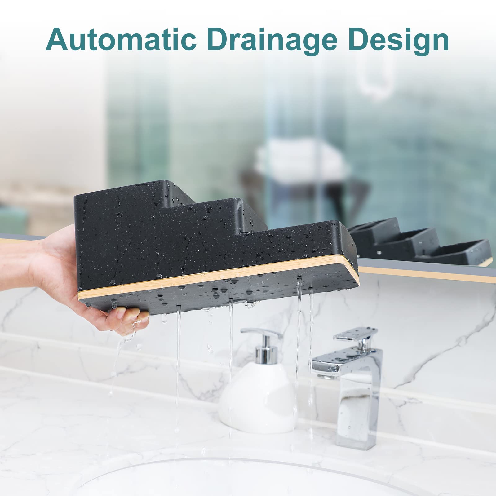 Toothbrush Holder for Bathroom, Aimou Bathroom Organizer Countertop Bathroom Accessories with 5 Compartment Storage for Bathroom/Vanity, Cotton Ball, Cotton Swab, Floss, Black