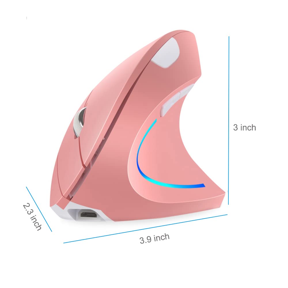 Vertical Mouse, Right Handed 2.4GHz Wireless Ergonomic Rechargeable Vertical Mouse with 4 Adjustable DPI 800/1200/1600/2400, 6 Buttons,Compatible with PC, Desktop,Mac (Pink)…