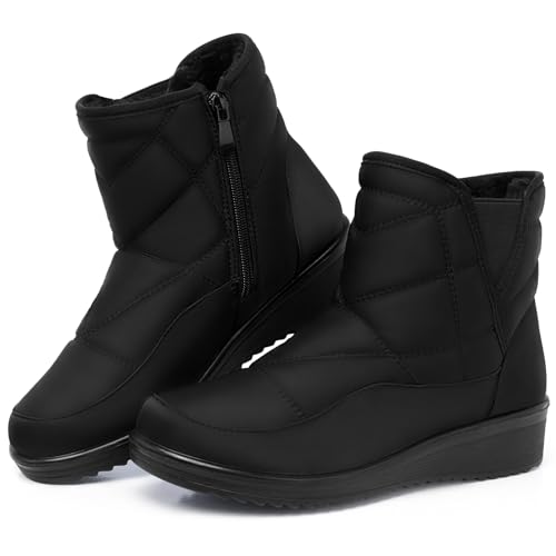 TEMOFON Waterproof Snow Boots for Women: Winter Slip On Booties Black Size 8 with Warm Furry Lined Short Boot Comfy Outdoor Ankle Boot
